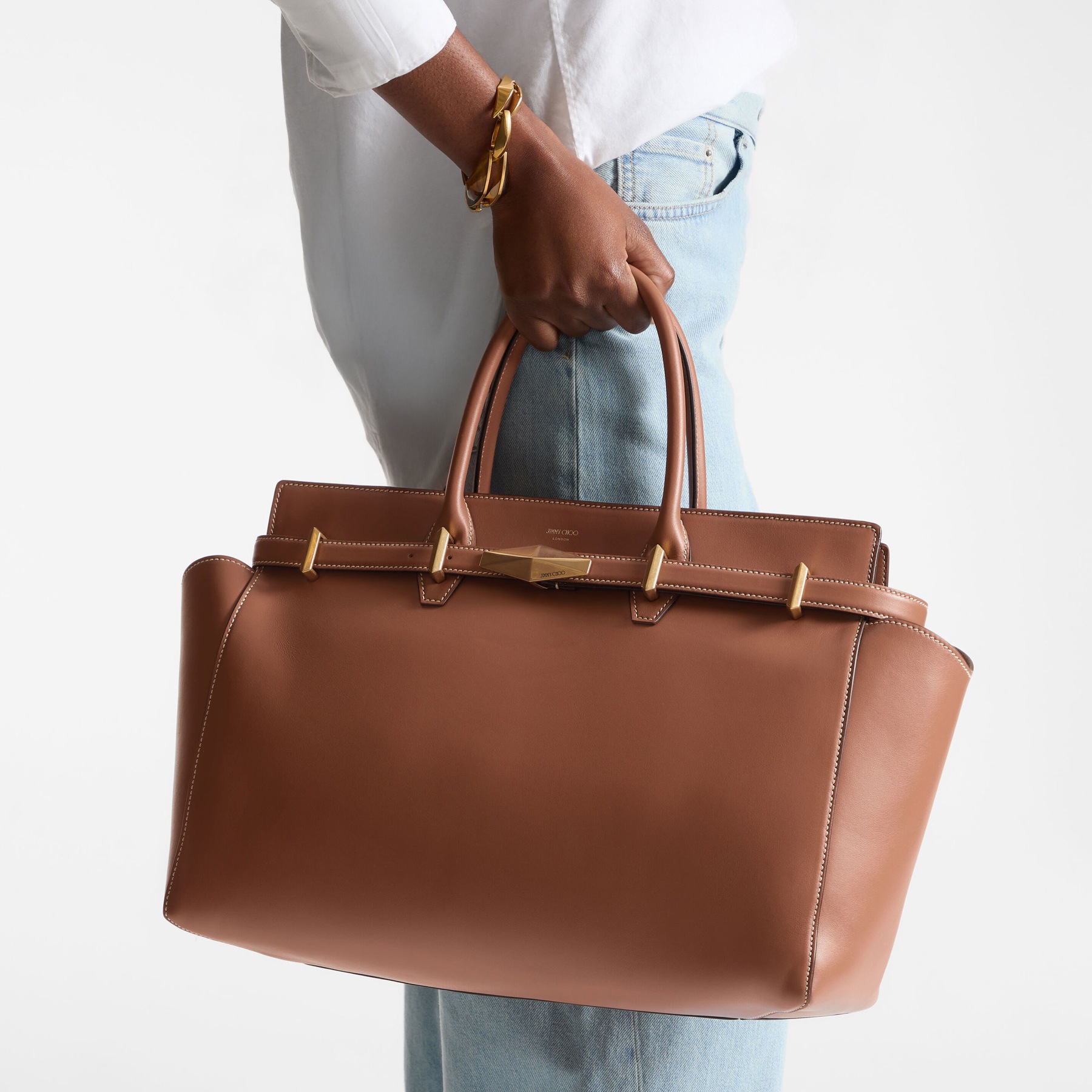 Diamond Belted TH/M | Tan Leather Top Handle Bag | JIMMY CHOO