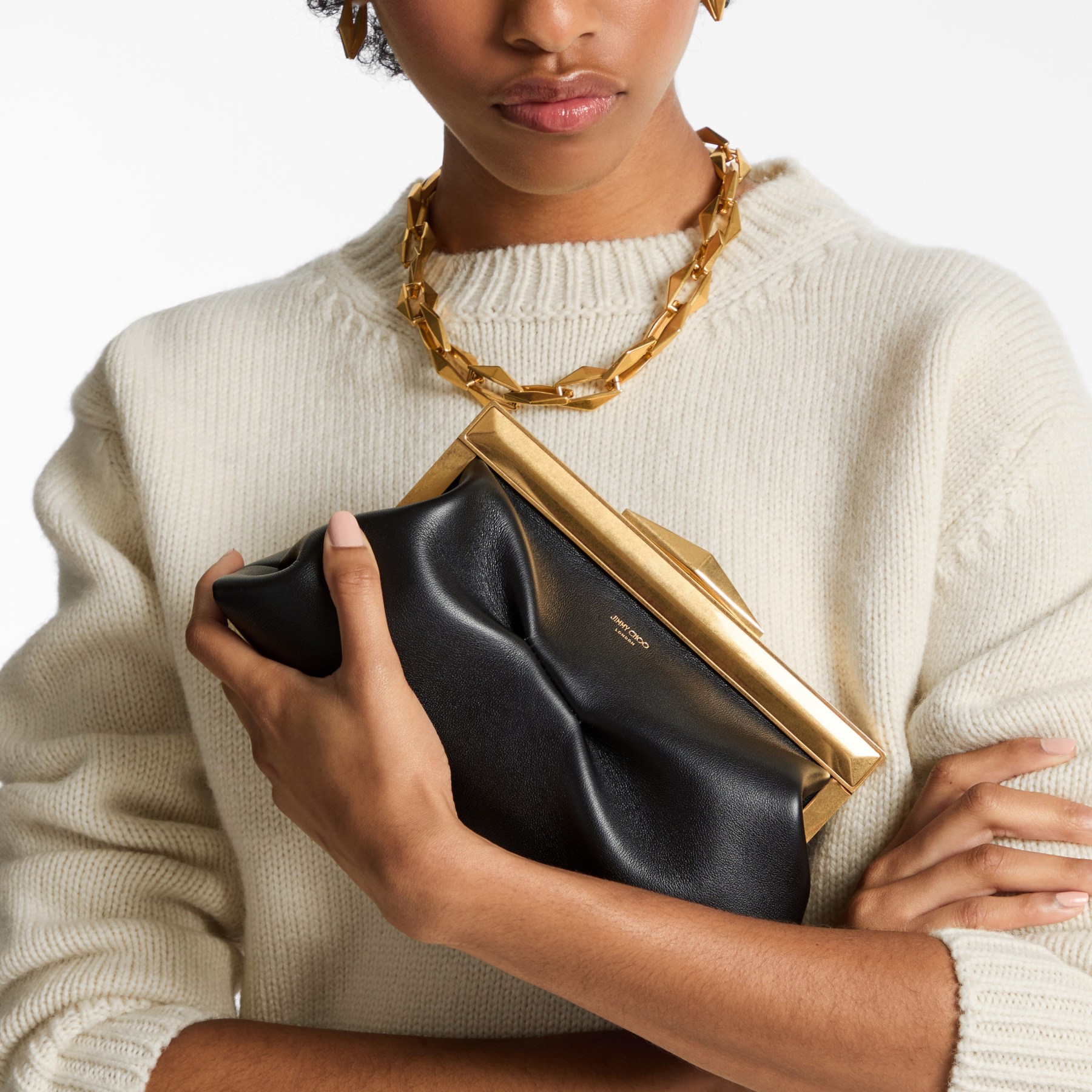 Diamond Frame Clutch/S | Black Calf Leather Clutch | JIMMY CHOO