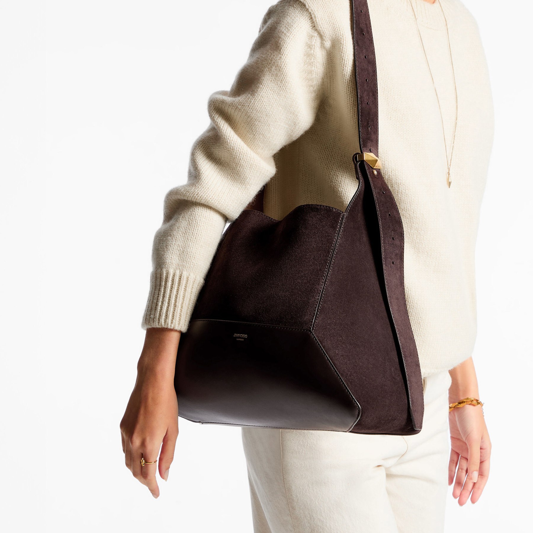 Diamond Hobo/M | Coffee Suede Shoulder Bag | JIMMY CHOO CA