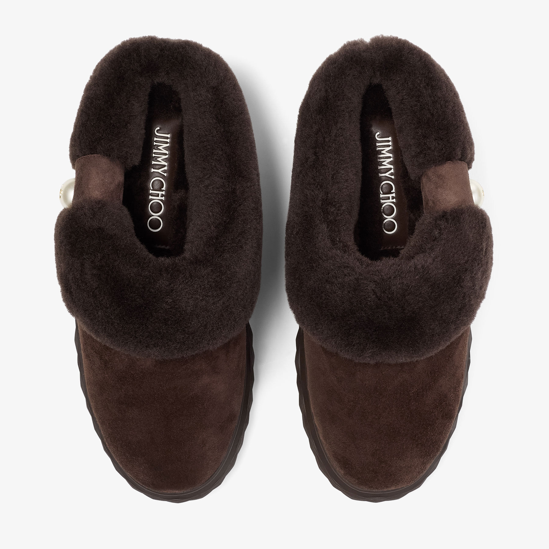 Diamond Maxi Mule F | Chocolate Suede Mules with Shearling | JIMMY CHOO