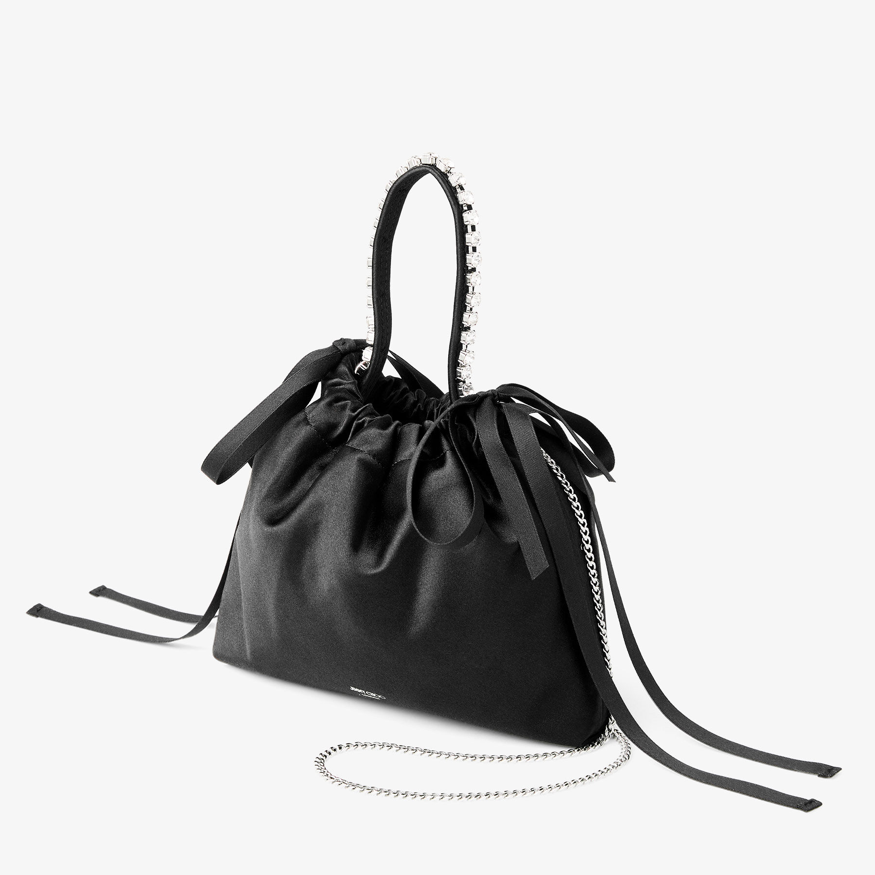 Drawstring Mini Top Handle | Black Satin Mini Shoulder Bag | JIMMY CHOO