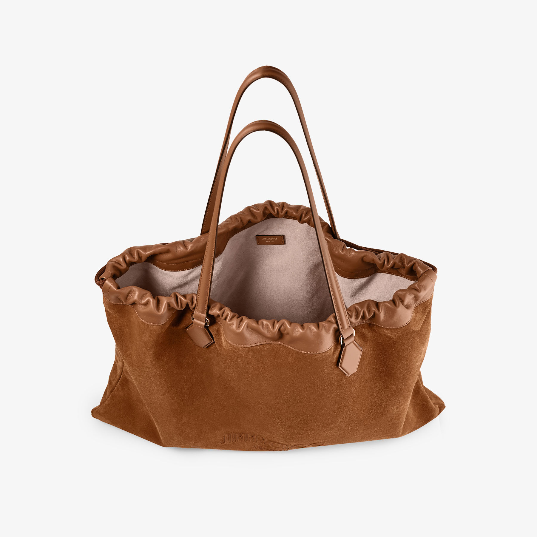 Drawstring Tote L | Tan Suede and Smooth Calf Leather Tote with Jimmy Choo Logo | JIMMY CHOO CA