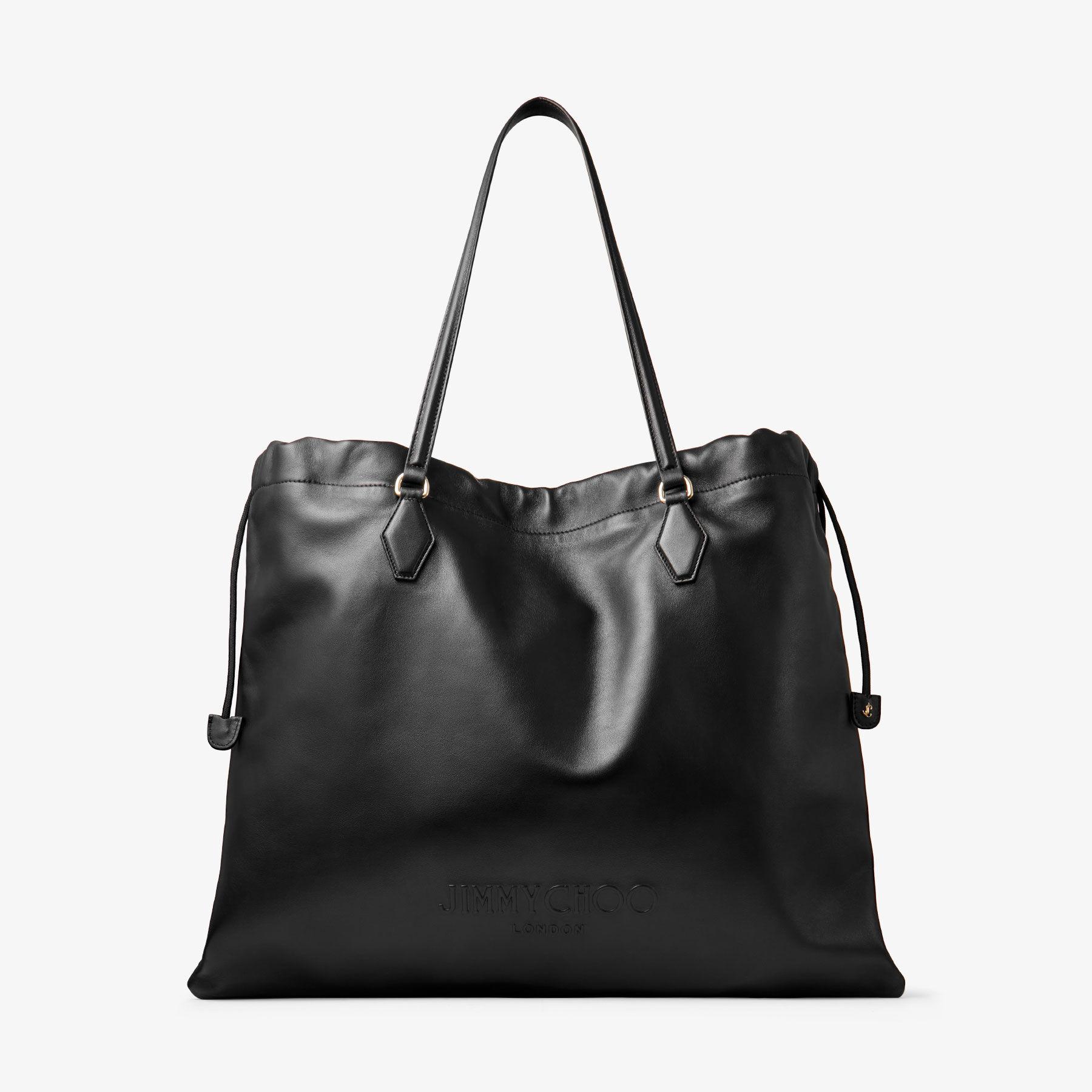 Drawstring Tote L |Black Nappa Leather Drawstring Tote with Embossed ...