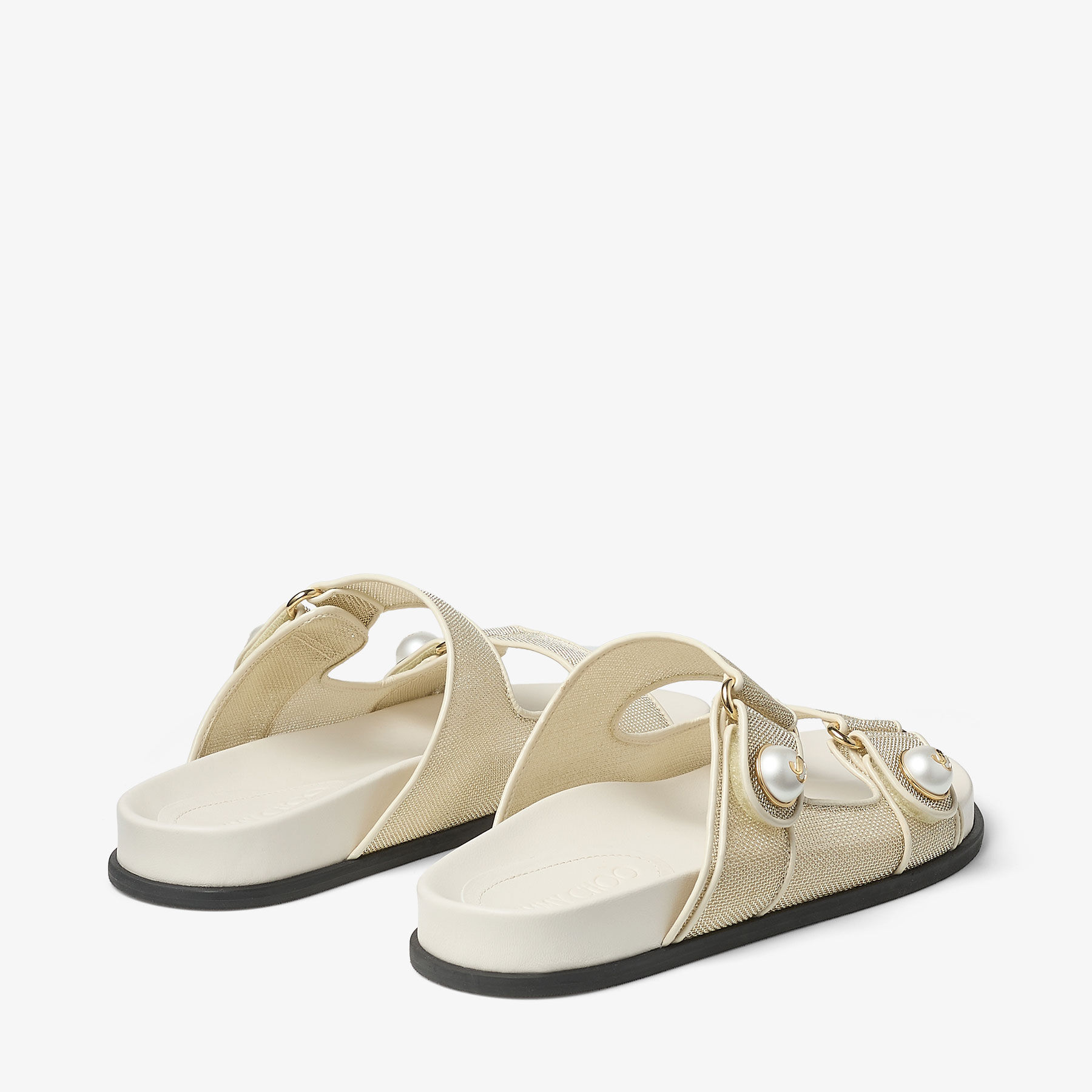 Fayence Sandal | Champagne Metallic Patent Leather Sandals with Pearls ...