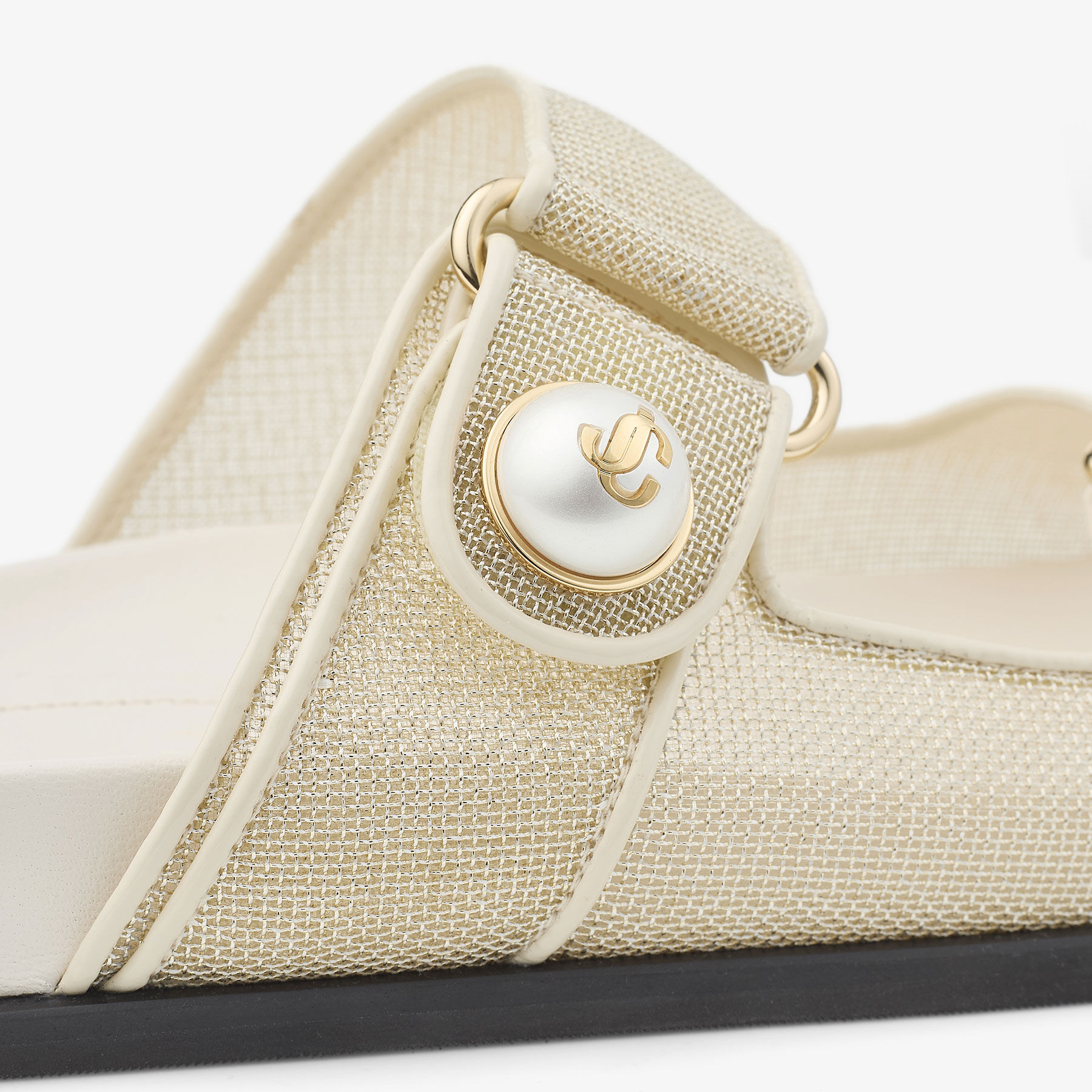 Fayence Sandal | Champagne Metallic Patent Leather Sandals with Pearls ...