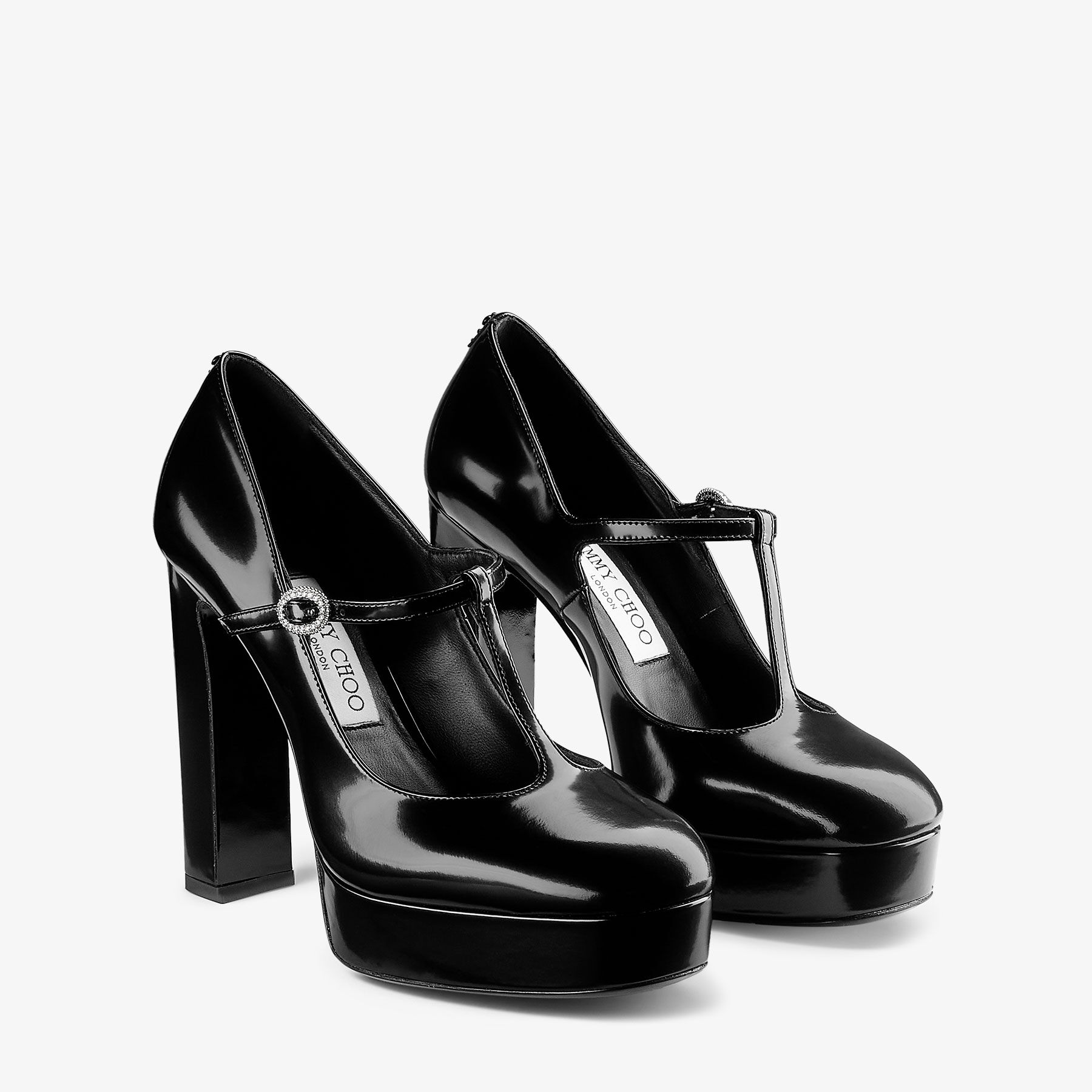 Marene Mary Jane 120 | Black Polished Calf Leather Pumps with Crystal ...