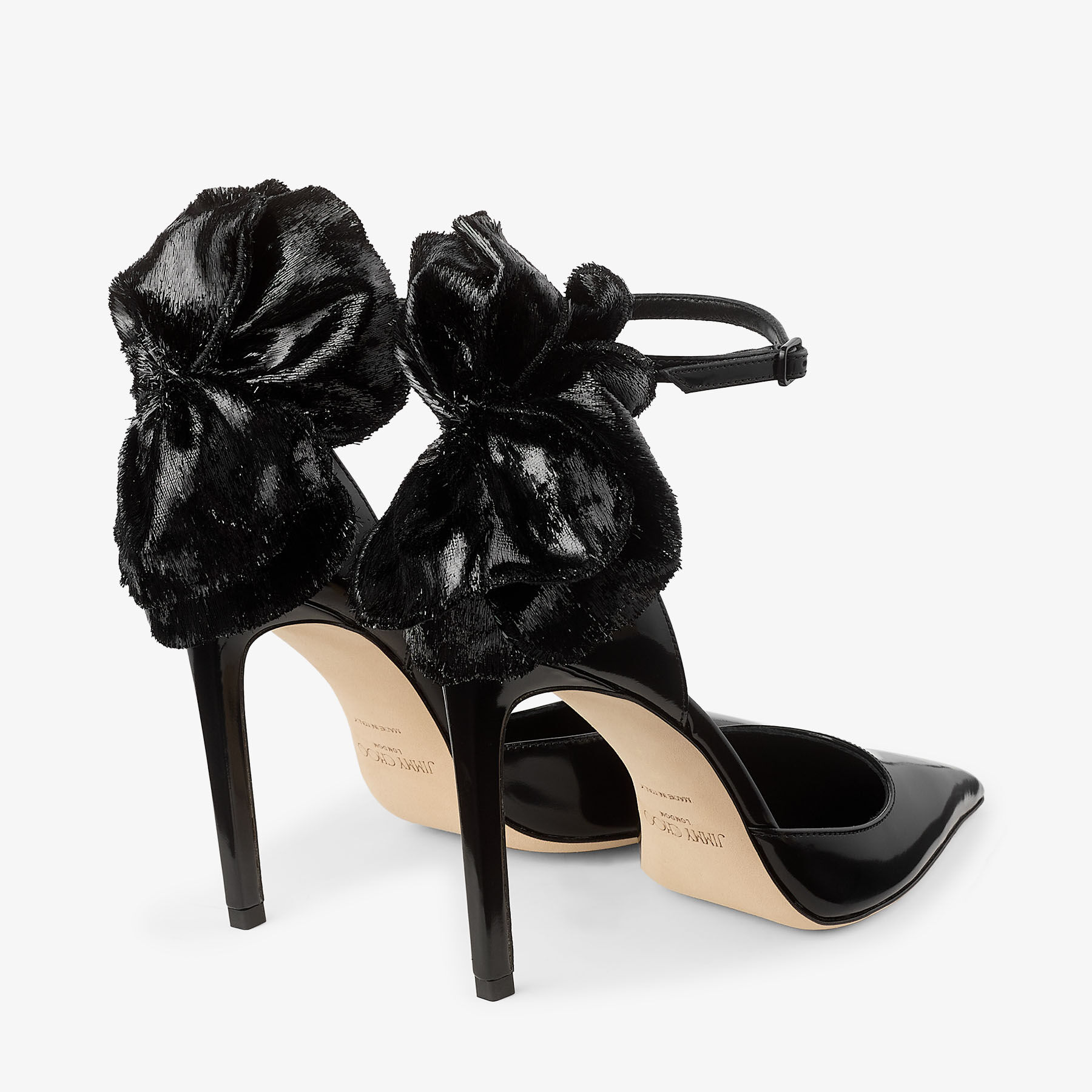Marja 100 | Black Soft Spazzolato Pumps with Short Tinsel Corsage | JIMMY CHOO