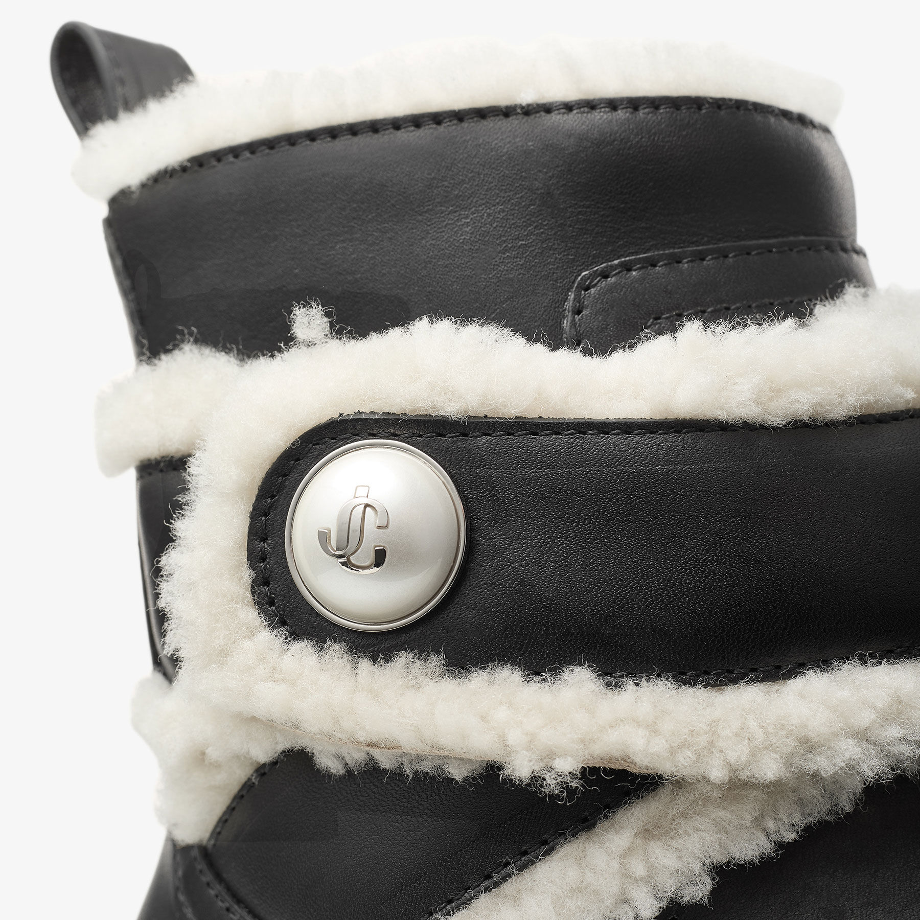 Meena Flat | Black Shiny Calf Leather Ankle Boots with Shearling ...