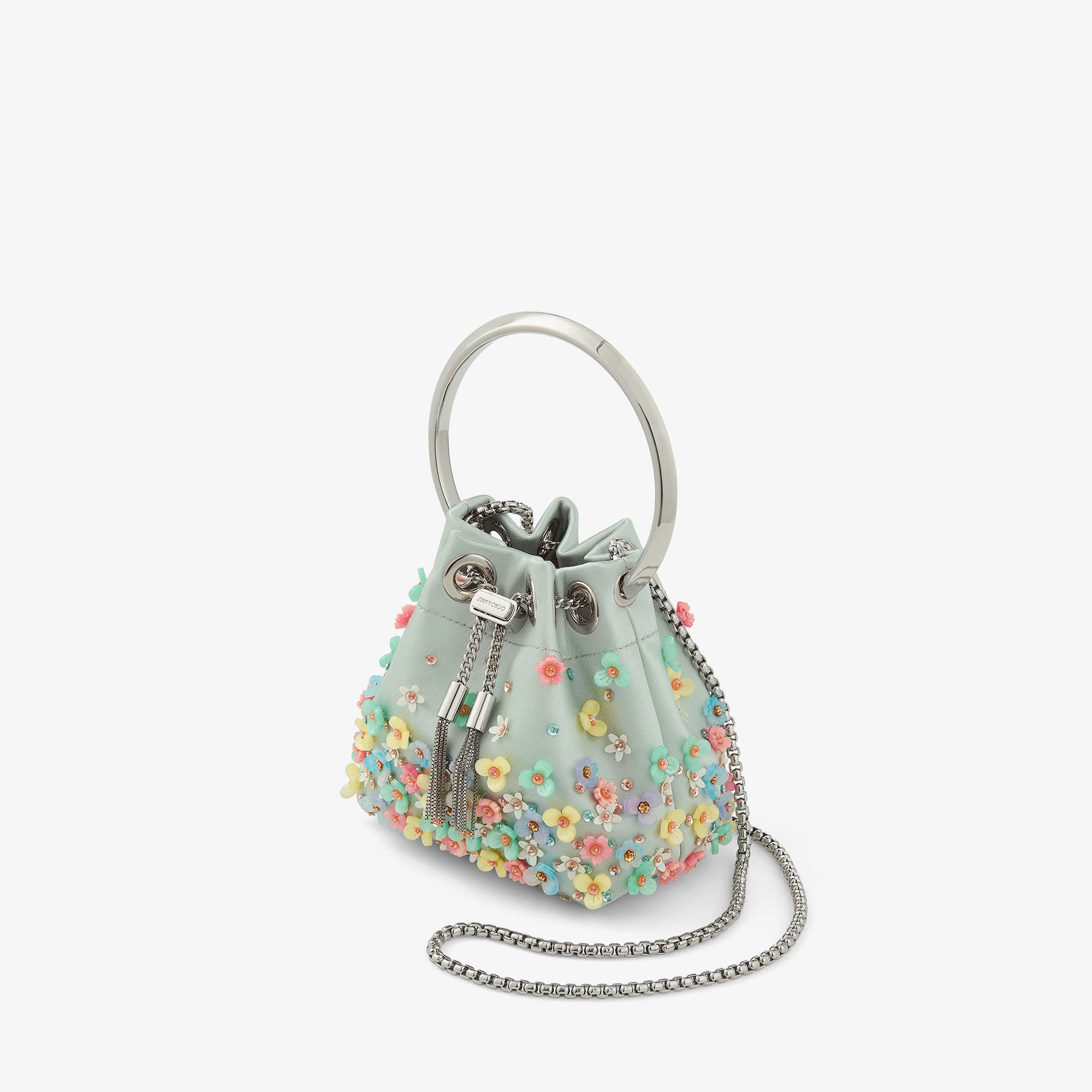 Micro Bon Bon | Light Verde Satin Bag With Embroidery Daisies | JIMMY CHOO