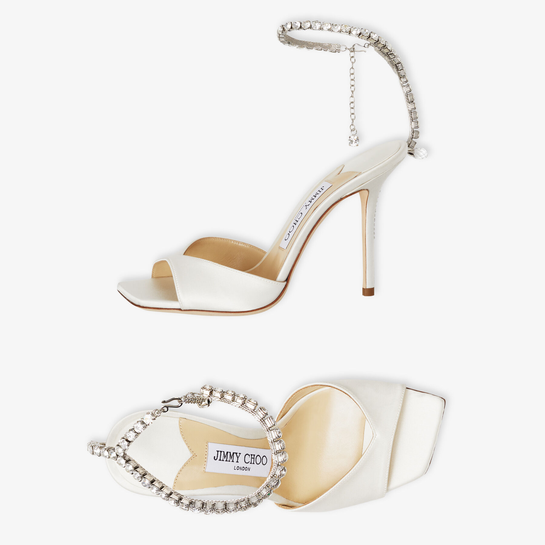 Saeda Sandal 100 | Ivory Satin Sandals with Crystal Embellishment ...
