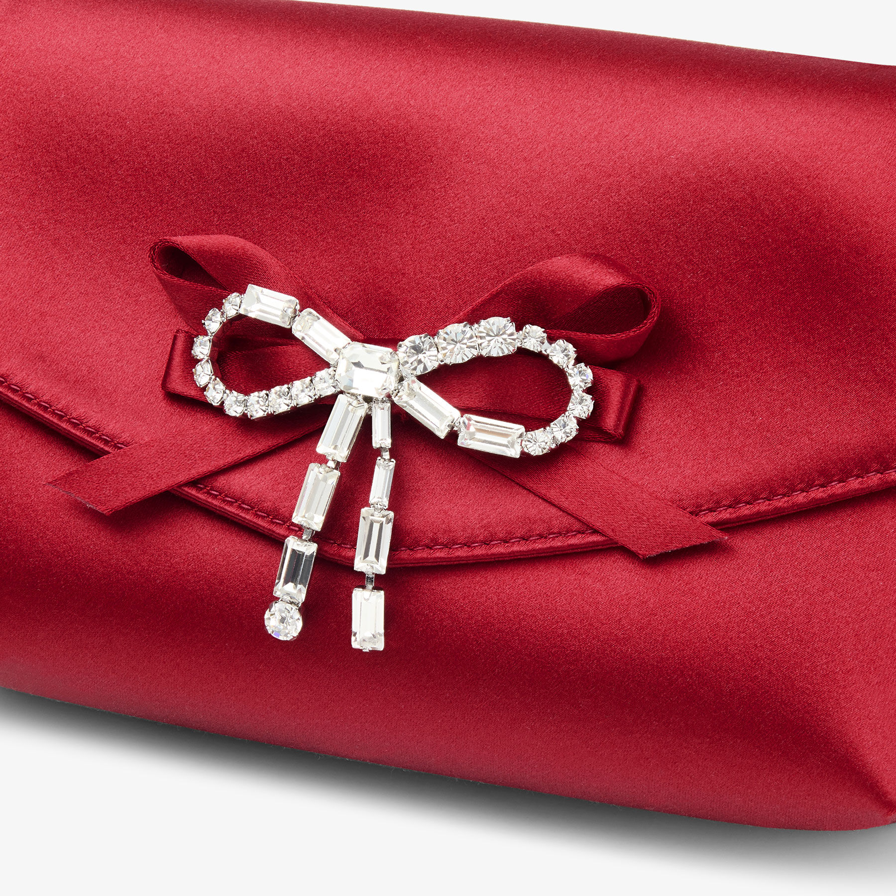 Soft Bow Mini Bag | Ruby Red Satin Mini Bag with Crystal Bow | JIMMY CHOO