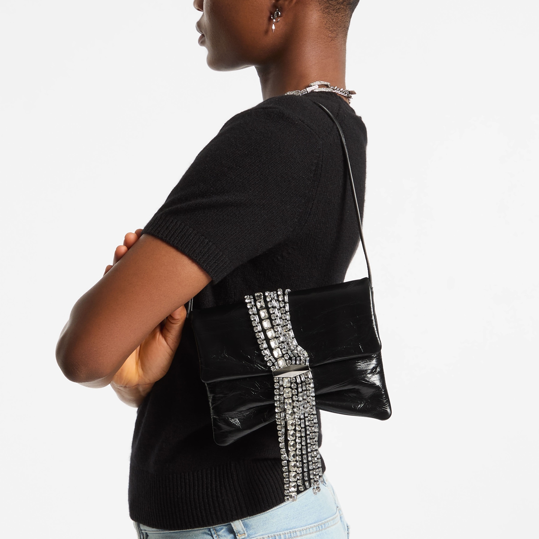 Zandra Shoulder | Black Metallic Leather Shoulder Bag with Crystal ...