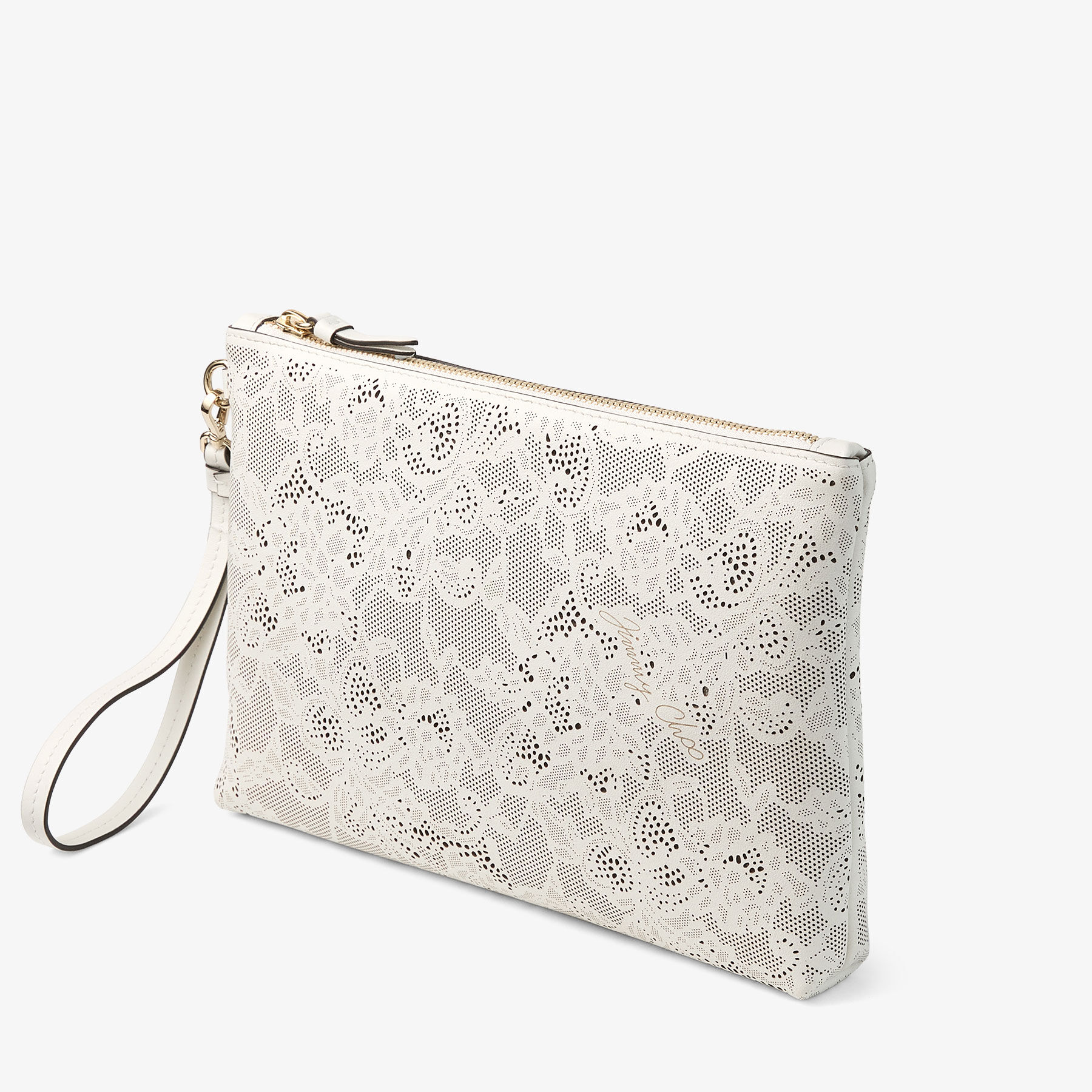 Zipped Flat Pouch | Latte Perforated Leather Lace Pouch | JIMMY CHOO