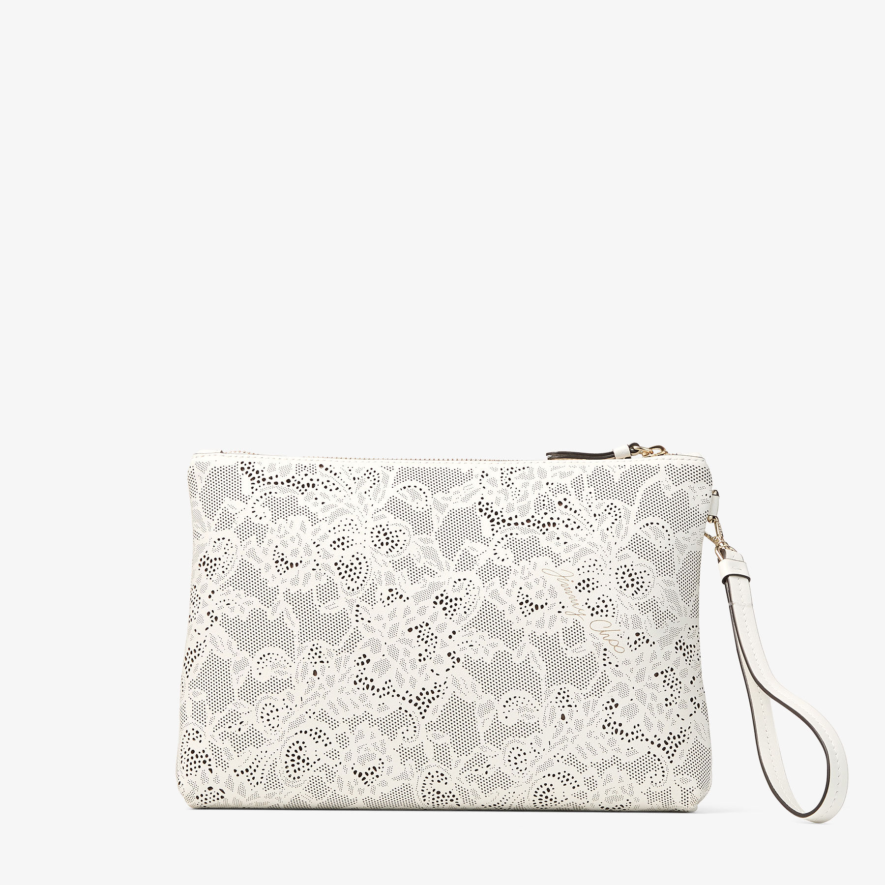 Zipped Flat Pouch | Latte Perforated Leather Lace Pouch | JIMMY CHOO
