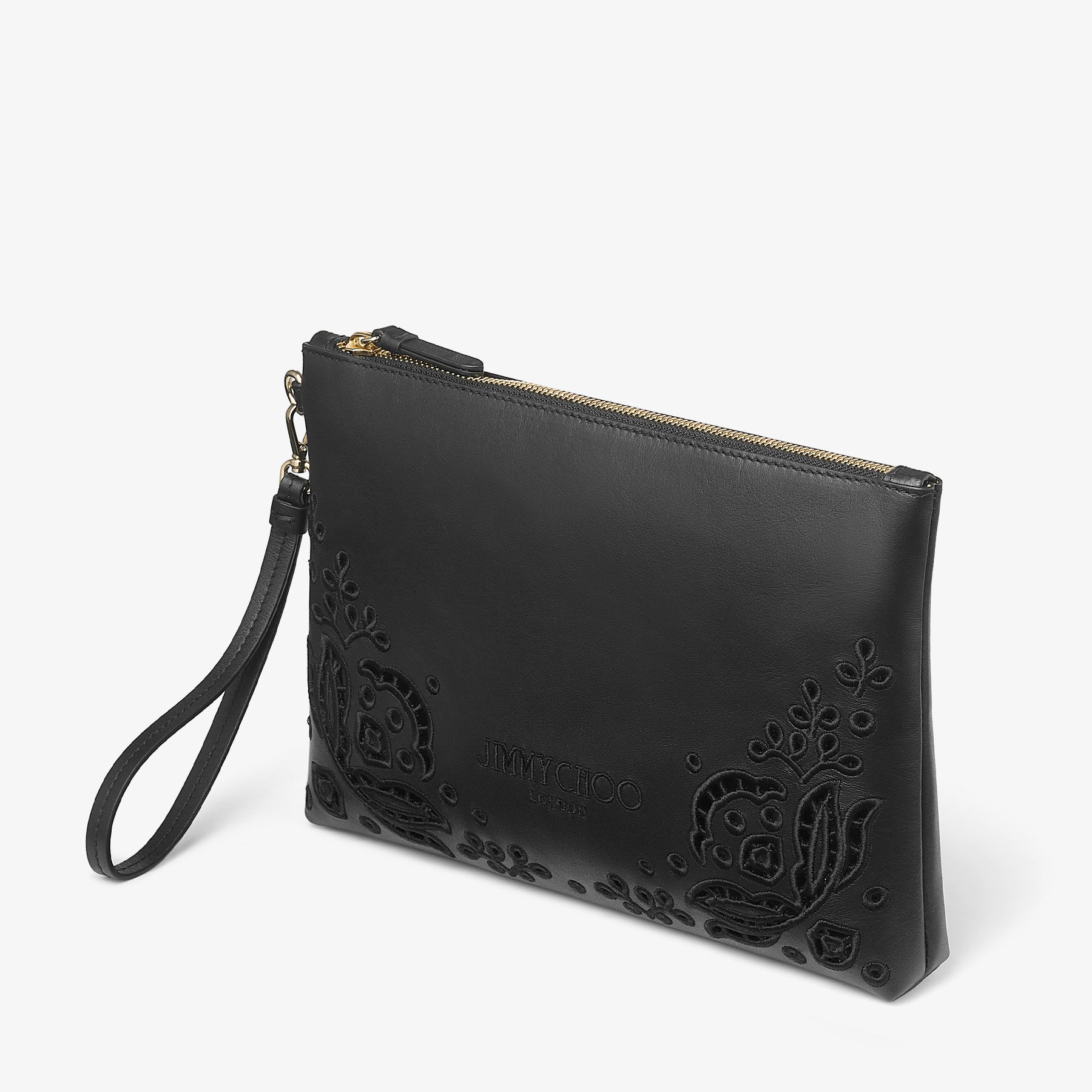 Zipped Flat Pouch |Black Leather Pouch with Sangallo Embroidery | JIMMY CHOO