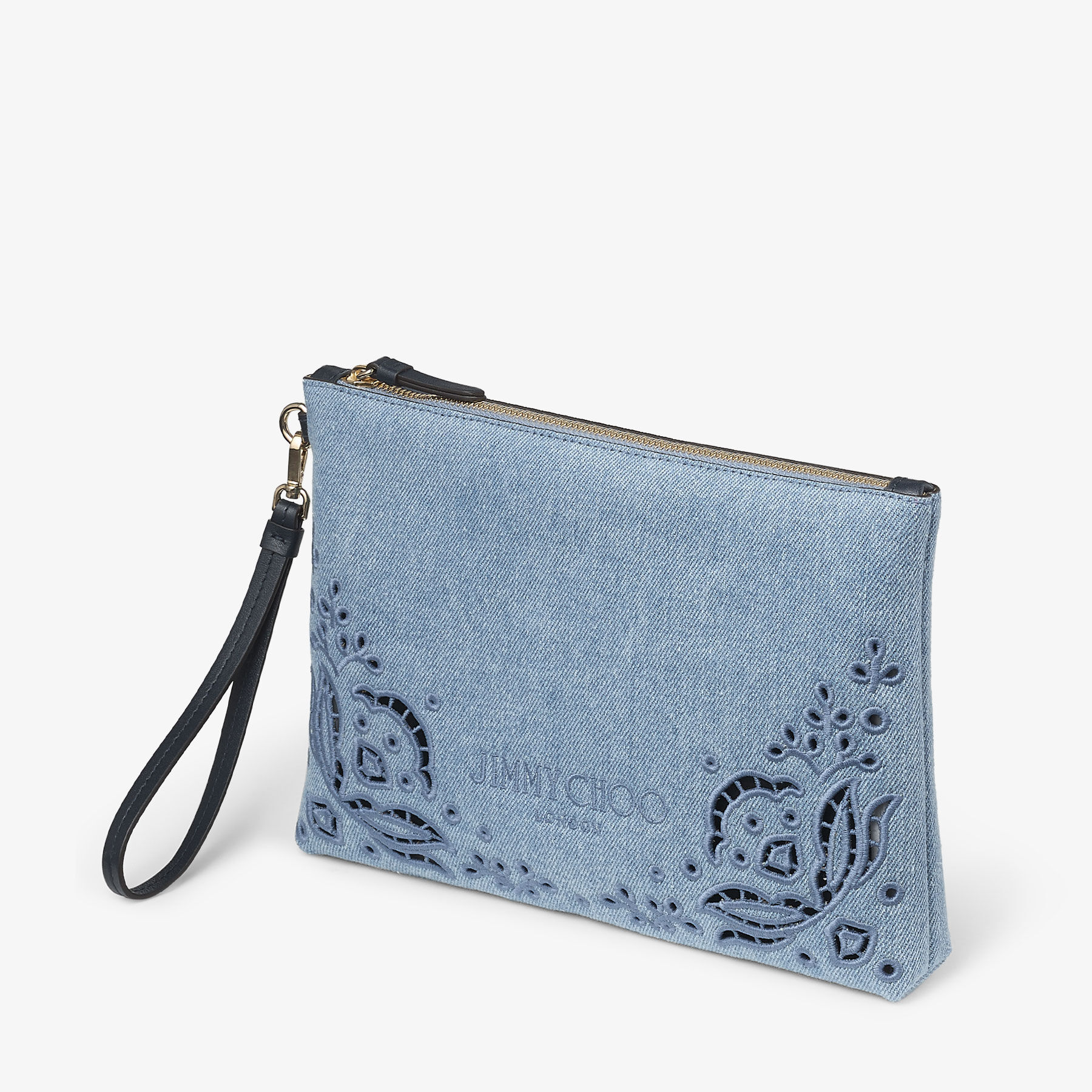Zipped Flat Pouch |Blue Haze Denim Pouch with Sangallo Embroidery ...