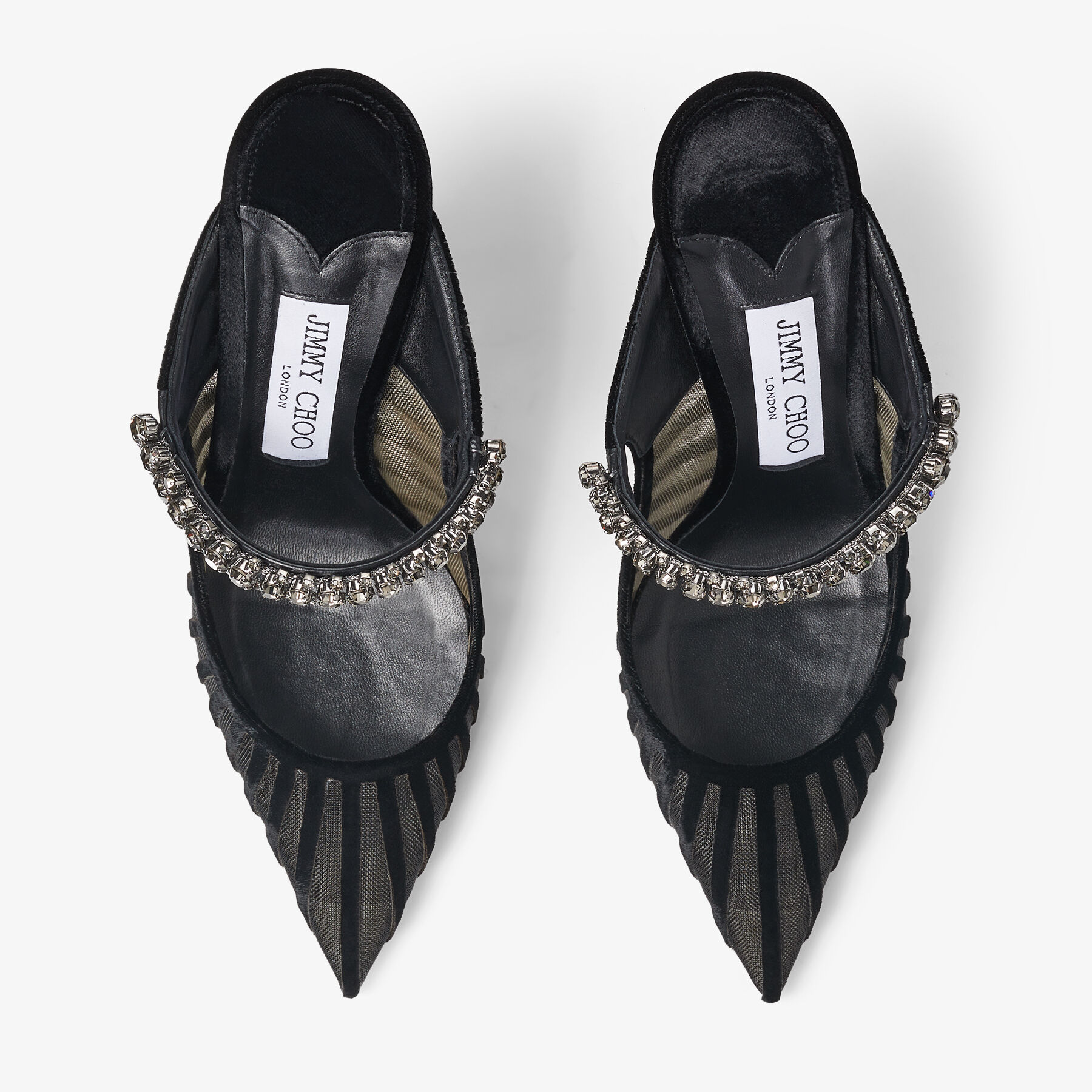 Bing 100 | Black Flocked Velvet Striped Mesh Mules with Bing 100 | Black Flocked Velvet Striped Mesh Mules with